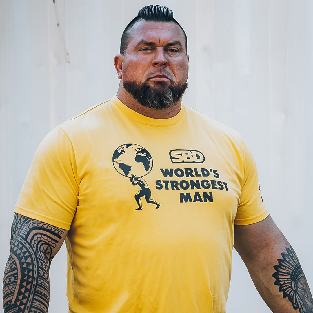 2021 SBD World's Strongest Man Yellow T-Shirt | SBD Strongman T Shirts ...